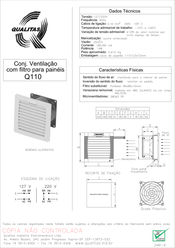Microventilador Filtrante Qualitas Q110 p/ Painel Elétrico - Eletro Aimar